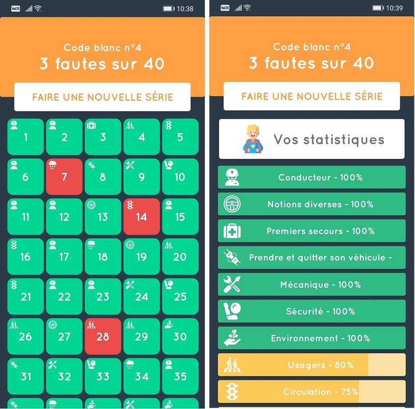 Page des résultats sur l’application mobile